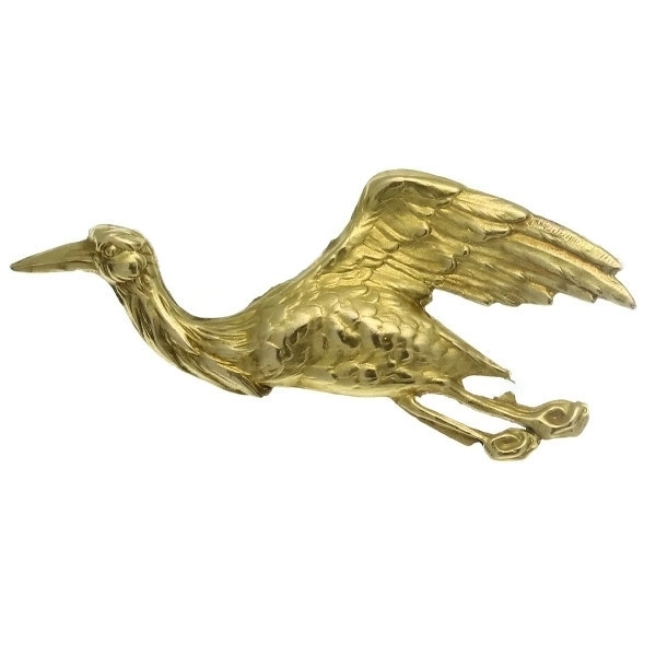 French Victorian gold brooch flying stork: Description by Adin Antique Jewelry.